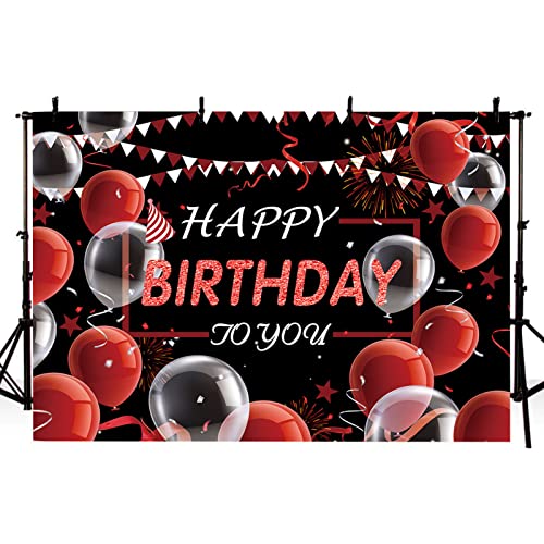 Happy Birthday Photography Backdrop 7x5FT Polyester Red and Black Balloon Confetti Birthday Decoration Photo Booth Background for Kids Men Women Anniversary Birthday Party Banner Supplies