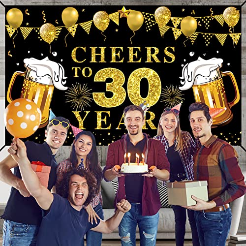 Happy 30th Birthday Banner Decorations, Black Gold Cheers to 30 years Backdrop Party Supplies, 30th Anniversary Photo Booth Poster Sign Decor (72.8 x 43.3 Inch)