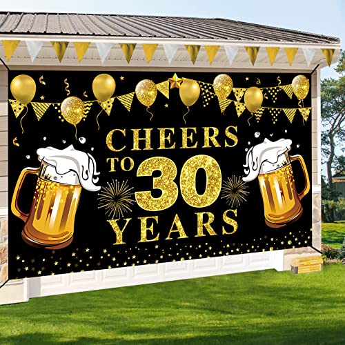 Happy 30th Birthday Banner Decorations, Black Gold Cheers to 30 years Backdrop Party Supplies, 30th Anniversary Photo Booth Poster Sign Decor (72.8 x 43.3 Inch)