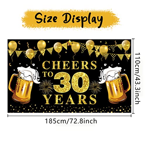 Happy 30th Birthday Banner Decorations, Black Gold Cheers to 30 years Backdrop Party Supplies, 30th Anniversary Photo Booth Poster Sign Decor (72.8 x 43.3 Inch)