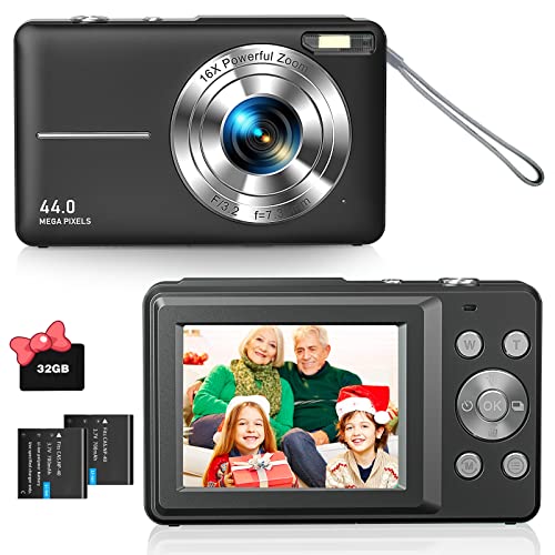 Digital Camera with SD Memory Card Autofocus Anti-Shake, 44MP 1080P Photography Camera for Kids Teens Birthday, 16X Zoom Small Portable Vlogging Camera for Boy Girl Video(2 Batteries)