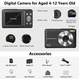 Digital Camera with SD Memory Card Autofocus Anti-Shake, 44MP 1080P Photography Camera for Kids Teens Birthday, 16X Zoom Small Portable Vlogging Camera for Boy Girl Video(2 Batteries)