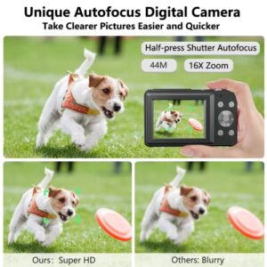 Digital Camera with SD Memory Card Autofocus Anti-Shake, 44MP 1080P Photography Camera for Kids Teens Birthday, 16X Zoom Small Portable Vlogging Camera for Boy Girl Video(2 Batteries)