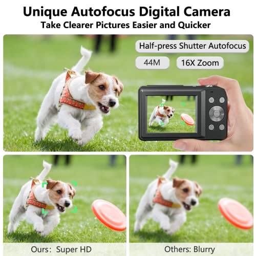 Digital Camera with SD Memory Card Autofocus Anti-Shake, 44MP 1080P Photography Camera for Kids Teens Birthday, 16X Zoom Small Portable Vlogging Camera for Boy Girl Video(2 Batteries)