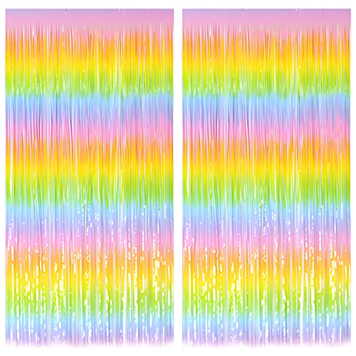 Pastel Rainbow Foil Fringe Curtain - GREATRIL Pastel Rainbow Backdrop Streamers for Kids Birthday/Classroom Decor/Unicorn/Princess/Halloween/Christmas Party Decorations (2 Pack)