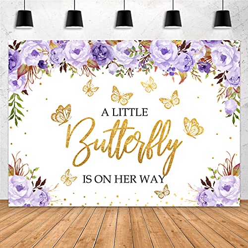 Aperturee A Little Butterfly is On The Way Baby Shower Backdrop 7x5ft Purple Floral Gold Dots Girls Princess Photography Background Party Decoration Supplies Cake Table Banner Photo Booth Props