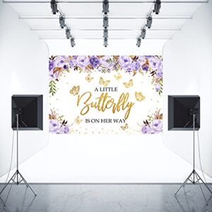 Aperturee A Little Butterfly is On The Way Baby Shower Backdrop 7x5ft Purple Floral Gold Dots Girls Princess Photography Background Party Decoration Supplies Cake Table Banner Photo Booth Props