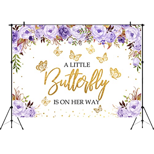 Aperturee A Little Butterfly is On The Way Baby Shower Backdrop 7x5ft Purple Floral Gold Dots Girls Princess Photography Background Party Decoration Supplies Cake Table Banner Photo Booth Props