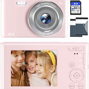 Digital Camera 4K 44MP Compact Point and Shoot Camera with 16X Digital Zoom 32GB SD Card,Kids Camera 2.4 Inch, Vlogging Camera for Teens Students Boys Girls Seniors(Pink2)