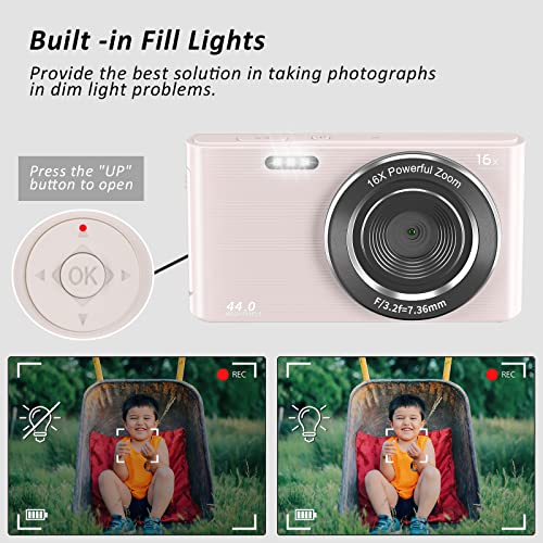 Digital Camera 4K 44MP Compact Point and Shoot Camera with 16X Digital Zoom 32GB SD Card,Kids Camera 2.4 Inch, Vlogging Camera for Teens Students Boys Girls Seniors(Pink2)