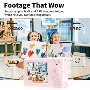 Digital Camera 4K 44MP Compact Point and Shoot Camera with 16X Digital Zoom 32GB SD Card,Kids Camera 2.4 Inch, Vlogging Camera for Teens Students Boys Girls Seniors(Pink2)