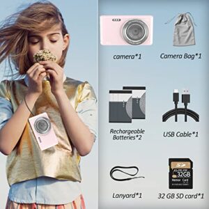 Digital Camera 4K 44MP Compact Point and Shoot Camera with 16X Digital Zoom 32GB SD Card,Kids Camera 2.4 Inch, Vlogging Camera for Teens Students Boys Girls Seniors(Pink2)