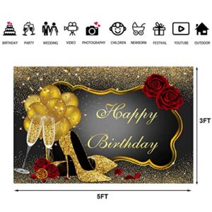 Happy Birthday Backdrop Glitter Gold Red Rose Floral Golden Balloons Heels Champagne Glass Background for Adults Women Birthday Party Decorations Birthday Party Decorations 5x3ft Vinyl