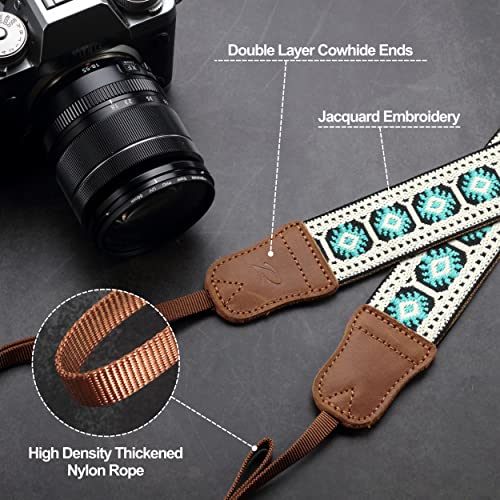 Camera Strap - 1.5" Cowhide Head Shoulder Neck Strap ,Retro Jacquard Embroidery Multi-pattern camera straps for Cameras and Binoculars,Cute Adjustable Thin Strap for Adults & Kids(Vintage White）