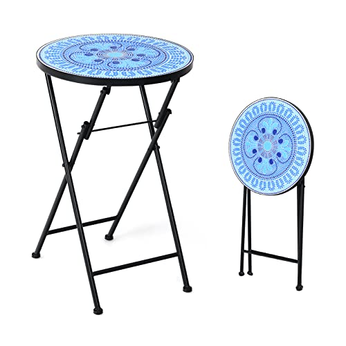 Giantex Outdoor Side Table, Folding Mosaic Patio Table, 14'' Round Metal End Table w/Ceramic Tile Top, Small Patio Table Accent Coffee Table for Porch Garden Balcony Plant Stand Indoor Outdoor (Blue)