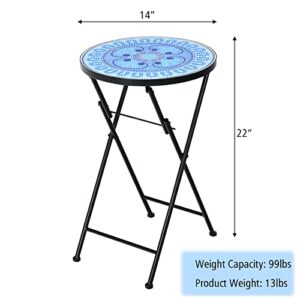 Giantex Outdoor Side Table, Folding Mosaic Patio Table, 14'' Round Metal End Table w/Ceramic Tile Top, Small Patio Table Accent Coffee Table for Porch Garden Balcony Plant Stand Indoor Outdoor (Blue)