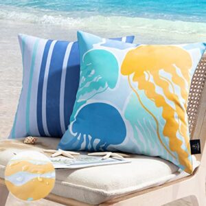 phantoscope pack of 2 outdoor waterproof pillow covers decorative jellyfish design outdoor pillows for patio furniture cushion cases for couch tent sunbrella, blue 18×18 inches