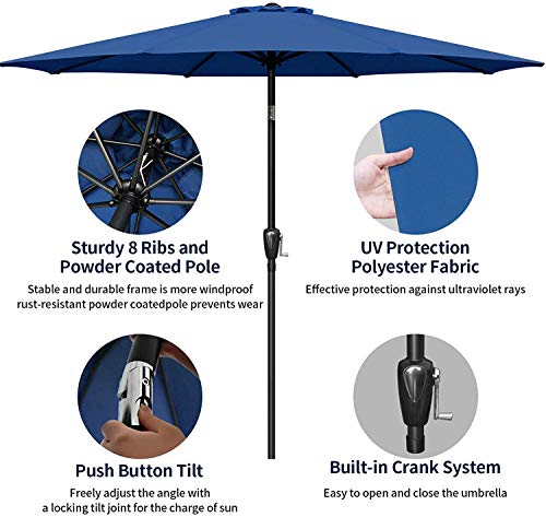 Simple Deluxe 9ft Outdoor Market Table Patio Umbrella with Button Tilt, Crank and 8 Sturdy Ribs for Garden, Deck, Lawn, Backyard & Pool, Blue