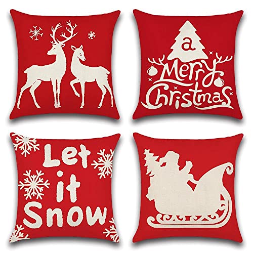 OTOSTAR Christmas Decorations Red Christmas Waterproof Pillow Covers 18 x 18 Inches Set of 4 Outdoor Merry Christmas Tree Deer Throw Pillow Covers Xmas Series Cushion Case Garden Pillowcase for Sofa