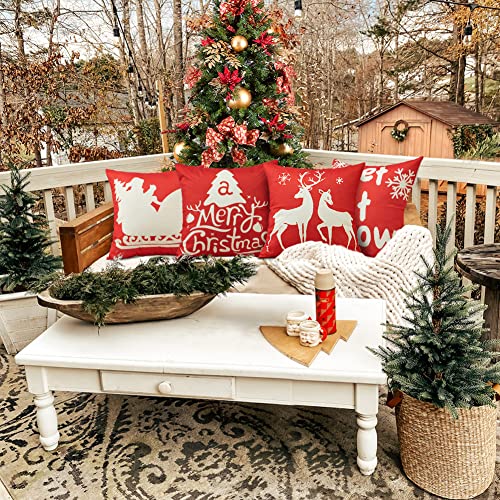 OTOSTAR Christmas Decorations Red Christmas Waterproof Pillow Covers 18 x 18 Inches Set of 4 Outdoor Merry Christmas Tree Deer Throw Pillow Covers Xmas Series Cushion Case Garden Pillowcase for Sofa