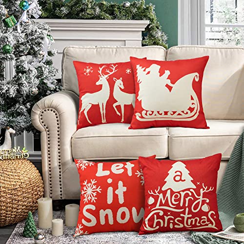 OTOSTAR Christmas Decorations Red Christmas Waterproof Pillow Covers 18 x 18 Inches Set of 4 Outdoor Merry Christmas Tree Deer Throw Pillow Covers Xmas Series Cushion Case Garden Pillowcase for Sofa