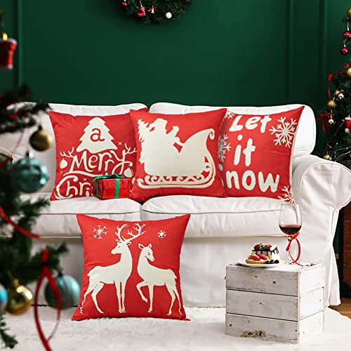 OTOSTAR Christmas Decorations Red Christmas Waterproof Pillow Covers 18 x 18 Inches Set of 4 Outdoor Merry Christmas Tree Deer Throw Pillow Covers Xmas Series Cushion Case Garden Pillowcase for Sofa