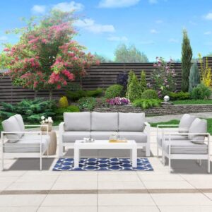 wisteria lane aluminum outdoor patio furniture set, modern patio conversation sets, outdoor sectional metal sofa with 5 inch cushion and coffee table for balcony, garden, light grey