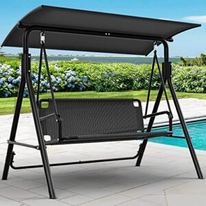 yitahome outdoor patio swing chair, 3 person porch swing with adjustable canopy, weather resistant steel frame, suitable for garden, poolside, balcony,(black)