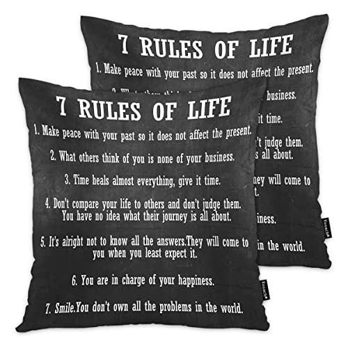 Vosach 7 Rules of Life Outdoor Indoor Pillow Covers, Inspirational Regulations Home Decorative Throw Pillow Case Cushion Cover for Sofa/Bed/Patio/Garden/Balcony,18x18 Inch, 2Pcs, Black