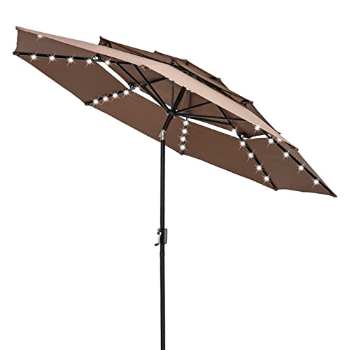 Ainfox 10ft 3 Tiers Solar Patio Umbrella with 40 LED Lights, Outdoor Market Umbrella with W/Double Vented Umbrella, Simple Crank Operation, Auto-tilt Umbrella for Backyard, Pool, Garden,Market