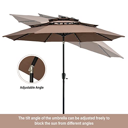 Ainfox 10ft 3 Tiers Solar Patio Umbrella with 40 LED Lights, Outdoor Market Umbrella with W/Double Vented Umbrella, Simple Crank Operation, Auto-tilt Umbrella for Backyard, Pool, Garden,Market