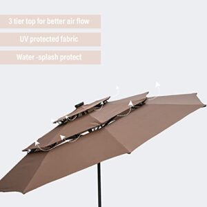 Ainfox 10ft 3 Tiers Solar Patio Umbrella with 40 LED Lights, Outdoor Market Umbrella with W/Double Vented Umbrella, Simple Crank Operation, Auto-tilt Umbrella for Backyard, Pool, Garden,Market