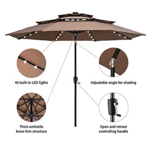 Ainfox 10ft 3 Tiers Solar Patio Umbrella with 40 LED Lights, Outdoor Market Umbrella with W/Double Vented Umbrella, Simple Crank Operation, Auto-tilt Umbrella for Backyard, Pool, Garden,Market