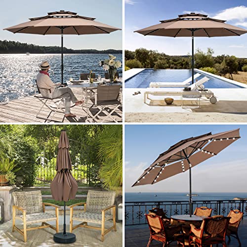 Ainfox 10ft 3 Tiers Solar Patio Umbrella with 40 LED Lights, Outdoor Market Umbrella with W/Double Vented Umbrella, Simple Crank Operation, Auto-tilt Umbrella for Backyard, Pool, Garden,Market