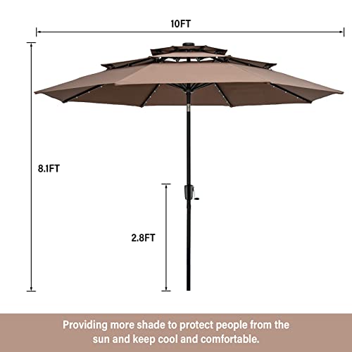 Ainfox 10ft 3 Tiers Solar Patio Umbrella with 40 LED Lights, Outdoor Market Umbrella with W/Double Vented Umbrella, Simple Crank Operation, Auto-tilt Umbrella for Backyard, Pool, Garden,Market