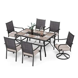 hera’s house 7 pieces wicker patio dining set, rattan outdoor furniture set for 6, 4 dining chairs, 2 swivel chairs, 1 rectangular wood like patio table, all weather resistant for lawn garden backyard