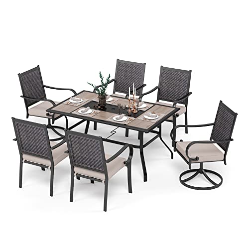 HERA'S HOUSE 7 Pieces Wicker Patio Dining Set, Rattan Outdoor Furniture Set for 6, 4 Dining Chairs, 2 Swivel Chairs, 1 Rectangular Wood Like Patio Table, All Weather Resistant for Lawn Garden Backyard