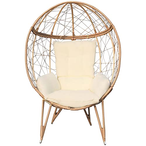 Wicker Egg Chair Outdoor, Rattan Hanging Basket Lounge Chair with Legs and Cushion, Oversized Indoor Outdoor Bedroom Garden Deck Balcony Lounger for Patio