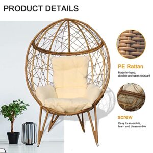 Wicker Egg Chair Outdoor, Rattan Hanging Basket Lounge Chair with Legs and Cushion, Oversized Indoor Outdoor Bedroom Garden Deck Balcony Lounger for Patio