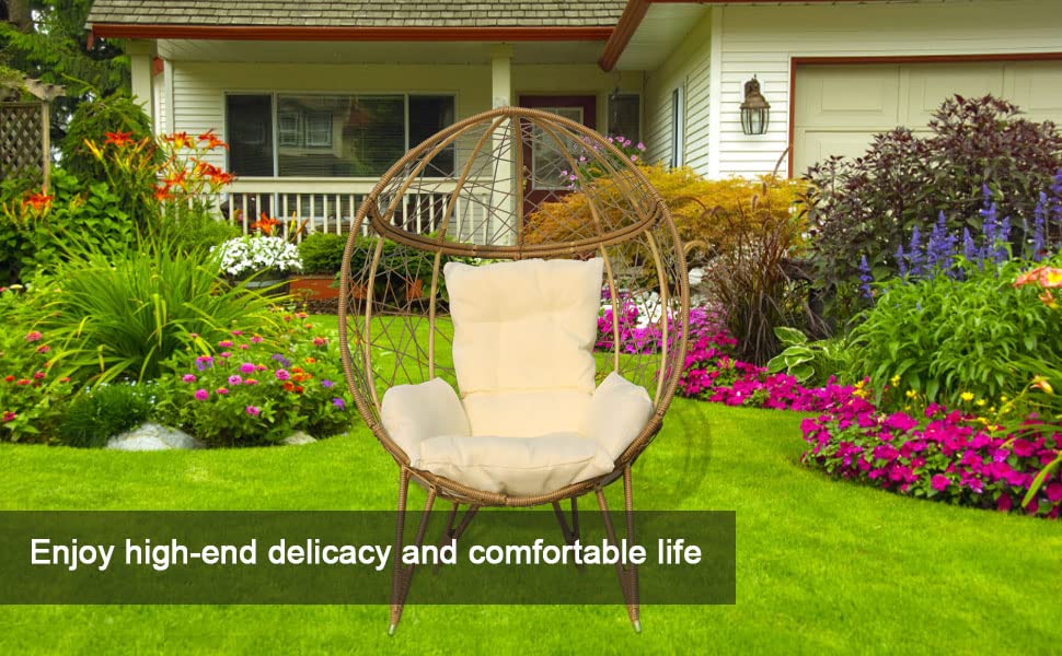 Wicker Egg Chair Outdoor, Rattan Hanging Basket Lounge Chair with Legs and Cushion, Oversized Indoor Outdoor Bedroom Garden Deck Balcony Lounger for Patio