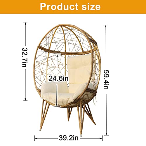 Wicker Egg Chair Outdoor, Rattan Hanging Basket Lounge Chair with Legs and Cushion, Oversized Indoor Outdoor Bedroom Garden Deck Balcony Lounger for Patio