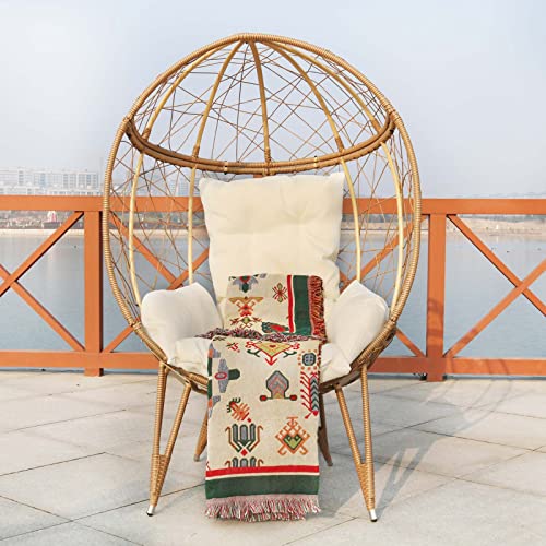 Wicker Egg Chair Outdoor, Rattan Hanging Basket Lounge Chair with Legs and Cushion, Oversized Indoor Outdoor Bedroom Garden Deck Balcony Lounger for Patio