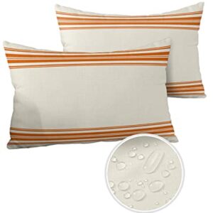 Outdoor Pillow Covers for Patio Furniture 20x12 inch 2PCS, Rectangle Waterproof Garden Cushion Thanksgiving Orange Stripe Fall Throw Pillow Cover Shell for Sofa Couch Bench Seat