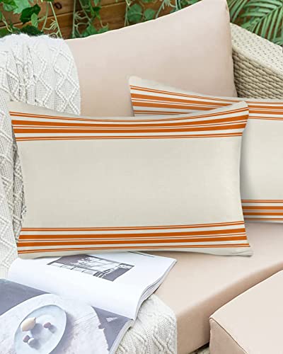 Outdoor Pillow Covers for Patio Furniture 20x12 inch 2PCS, Rectangle Waterproof Garden Cushion Thanksgiving Orange Stripe Fall Throw Pillow Cover Shell for Sofa Couch Bench Seat