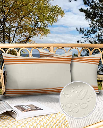 Outdoor Pillow Covers for Patio Furniture 20x12 inch 2PCS, Rectangle Waterproof Garden Cushion Thanksgiving Orange Stripe Fall Throw Pillow Cover Shell for Sofa Couch Bench Seat