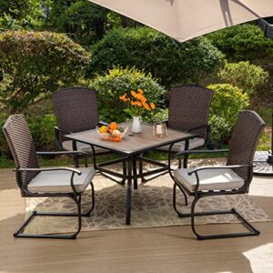 mixpatio outdoor patio dining set 5 pcs, patio furniture set, metal square dining table and cushioned wicker rattan c-spring motion chairs for patio, deck, yards, poolside