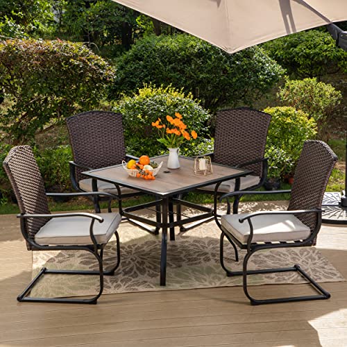 MIXPATIO Outdoor Patio Dining Set 5 Pcs, Patio Furniture Set, Metal Square Dining Table and Cushioned Wicker Rattan C-Spring Motion Chairs for Patio, Deck, Yards, Poolside