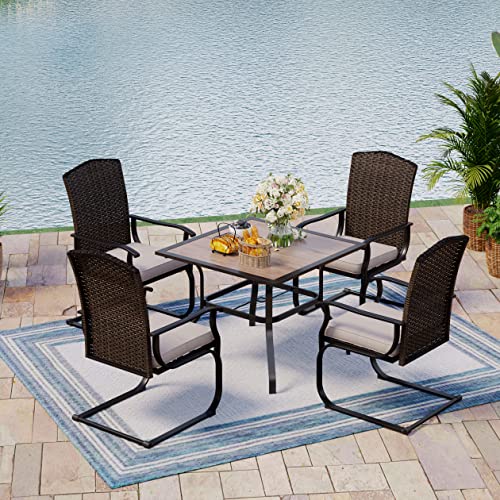 MIXPATIO Outdoor Patio Dining Set 5 Pcs, Patio Furniture Set, Metal Square Dining Table and Cushioned Wicker Rattan C-Spring Motion Chairs for Patio, Deck, Yards, Poolside