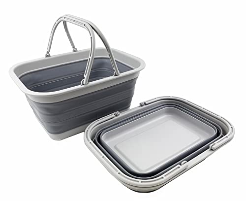 SAMMART 12L (3.17Gallon) Set of 2 Collapsible Tub with Handle - Portable Outdoor Picnic Basket/Crater - Foldable Shopping Bag - Space Saving Storage Container (Grey)