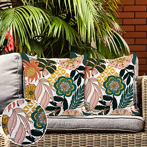 Jartinle Tropical Leaves Flower Boho Outdoor Pillow Covers 18x18 Waterproof Set of 2 Bohemian Blooming Floral Pattern Patio Throw Pillow Covers for Porch Balcony Garden(18x18)